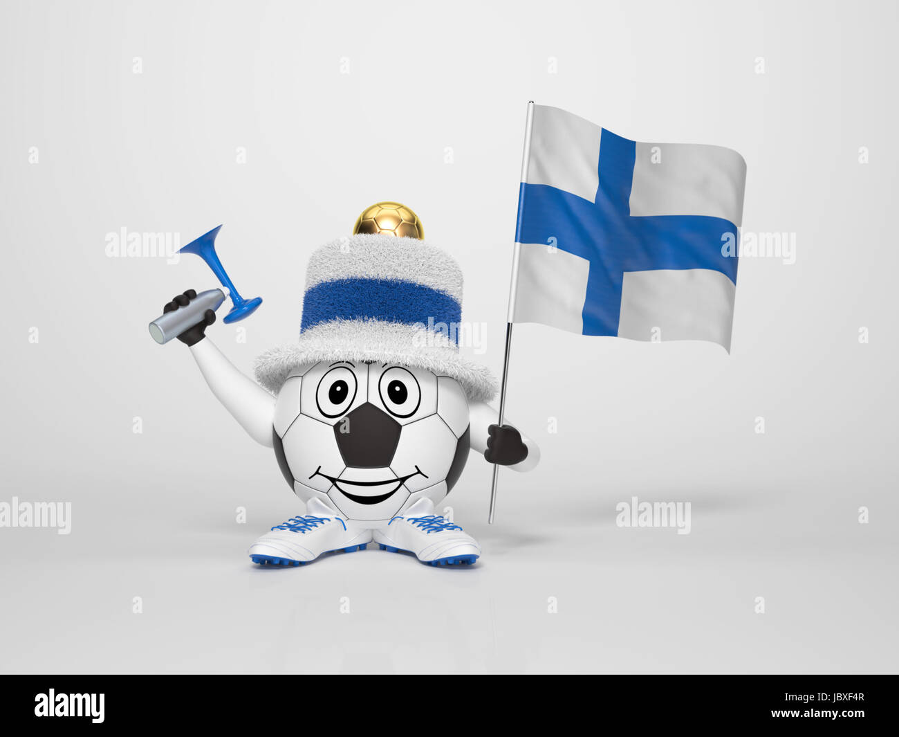 A cute and funny soccer character holding the national flag of Finland ...