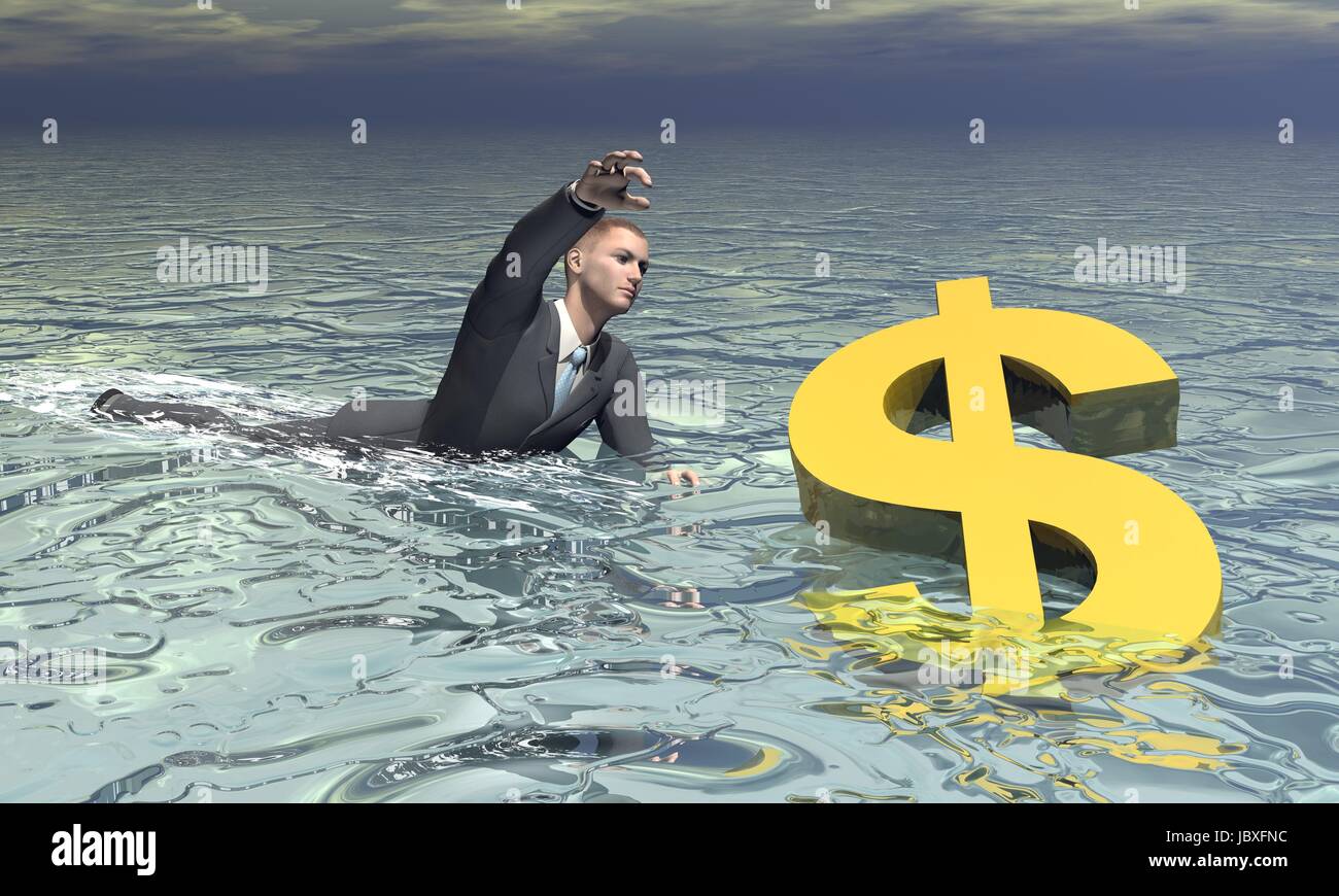 Businessman and golden dollar sinking in the water by grey cloudy day ...