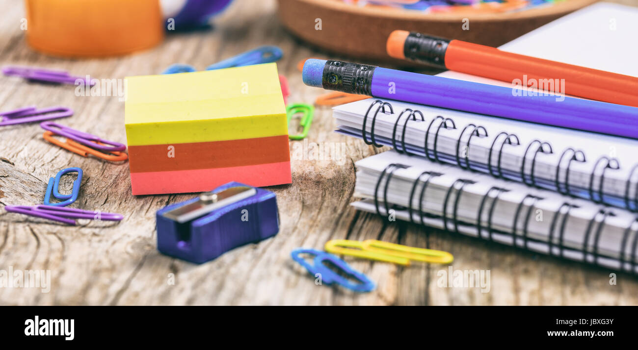 School - office supplies on wooden background Stock Photo - Alamy