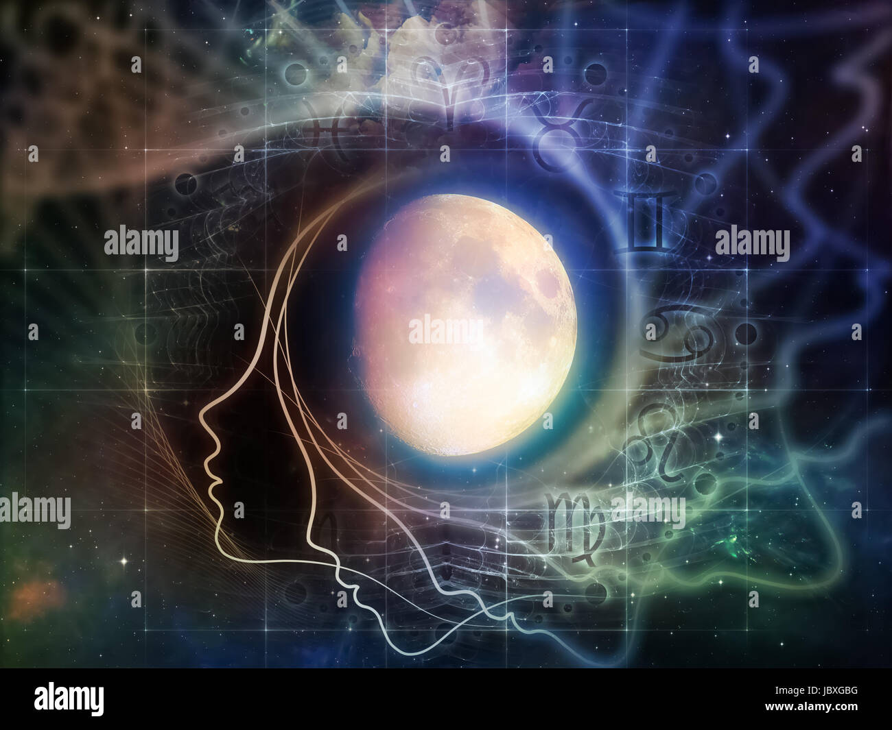 Inner Moon series. Background design of moon, human profile and design ...