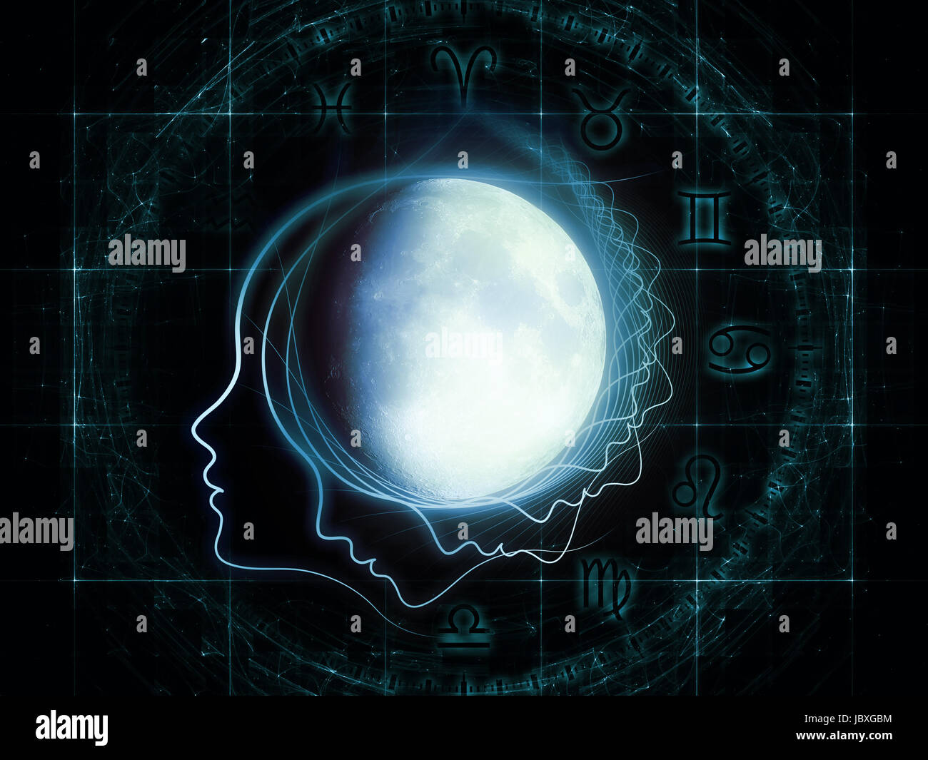 Inner Moon series. Arrangement of moon, human profile and astrological ...