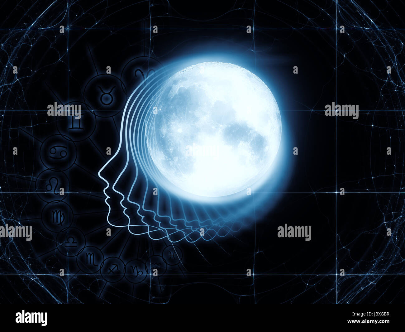 Inner Moon series. Composition of moon, human profile and astrological ...