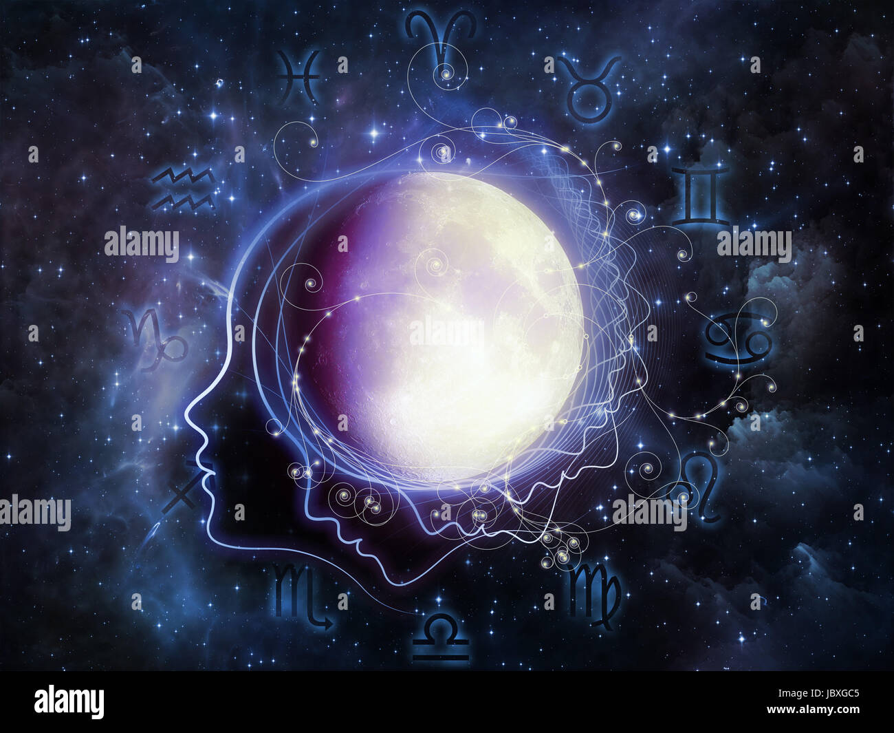 Inner Moon series. Composition of moon, human profile and astrological ...