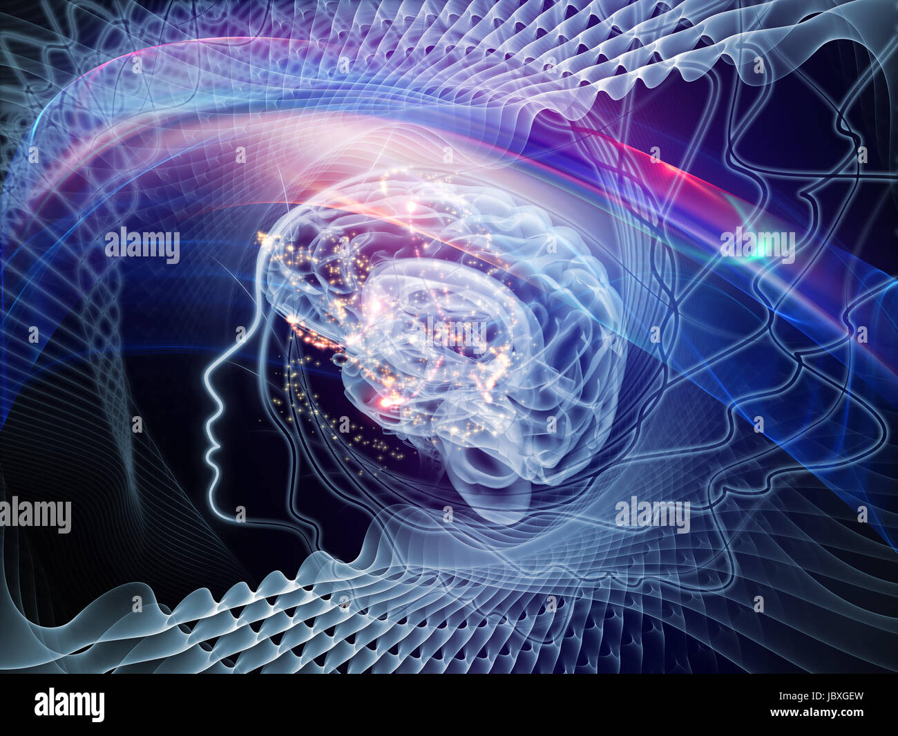 Human Mind series. Creative arrangement of brain, human outlines and ...