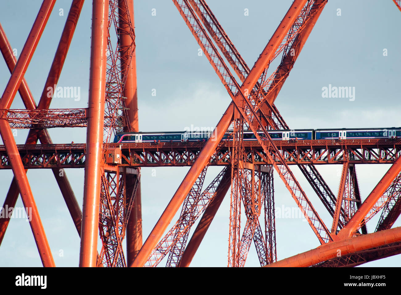 close up on train crossing the forth bridge showing the complex ...