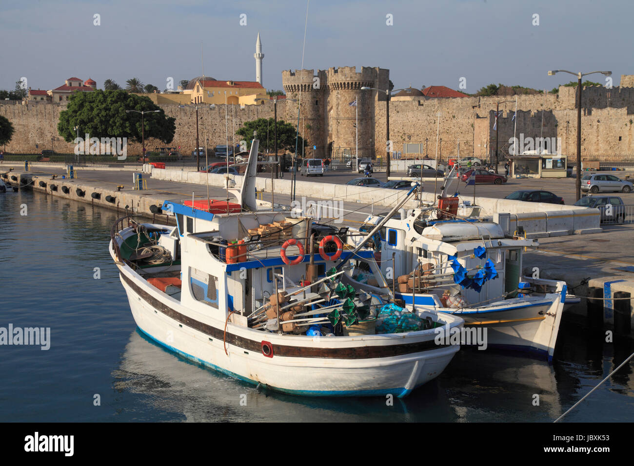 Greece, Dodecanese, Rhodes, Kolona Harbour, fishing boats, city walls ...