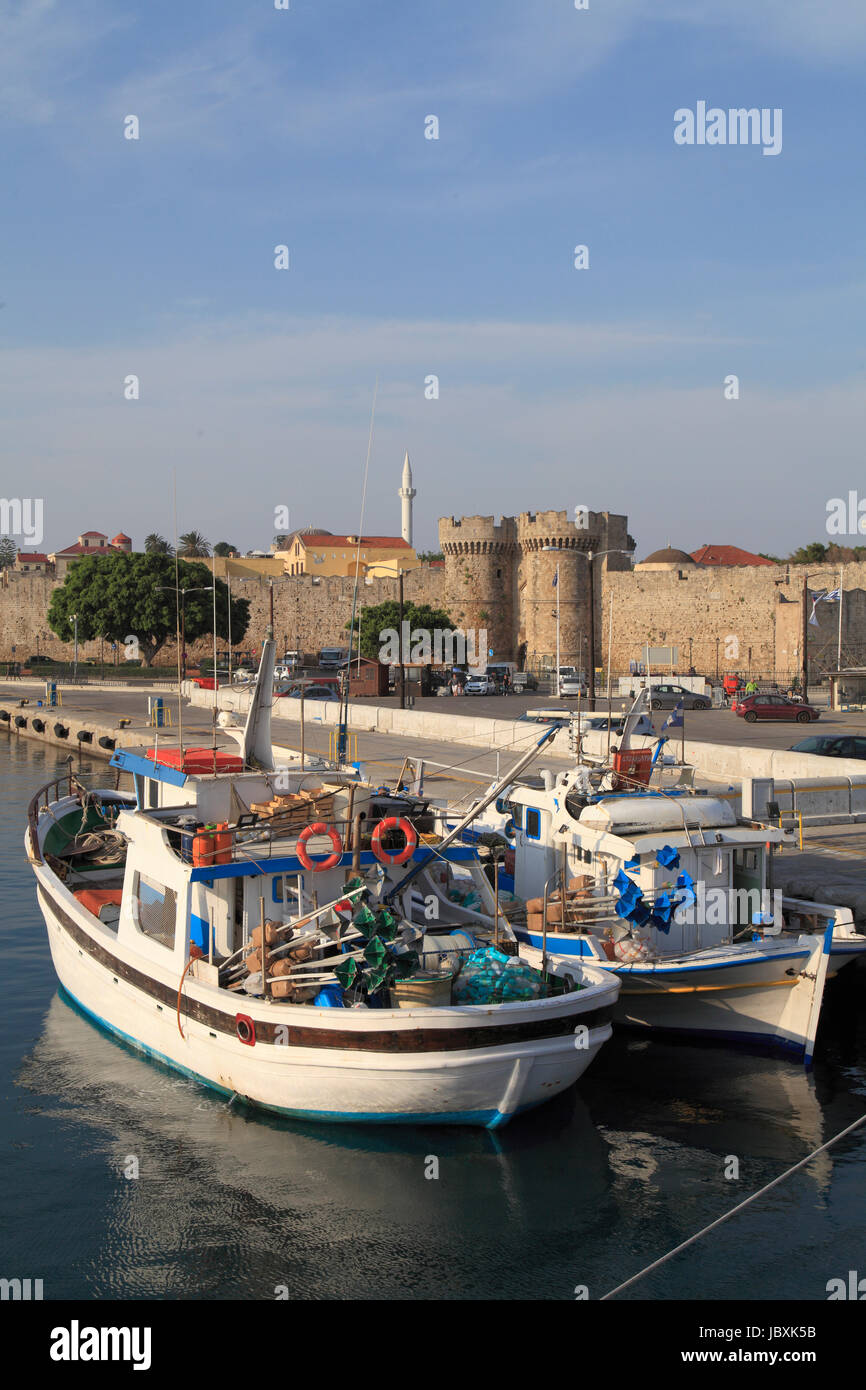Greece, Dodecanese, Rhodes, Kolona Harbour, fishing boats, city walls ...