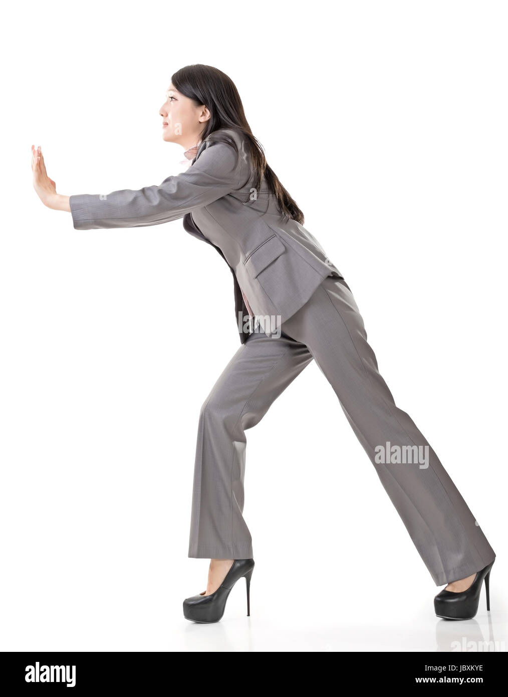 Full length portrait of Asian business woman push, side view isolated ...