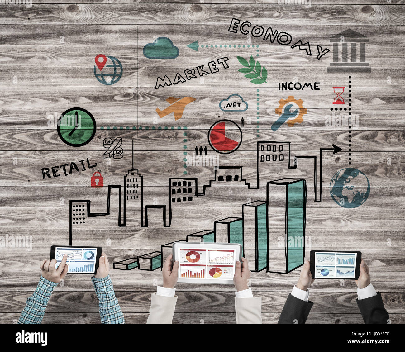 Group of three people with devices in hands working together as symbol ...