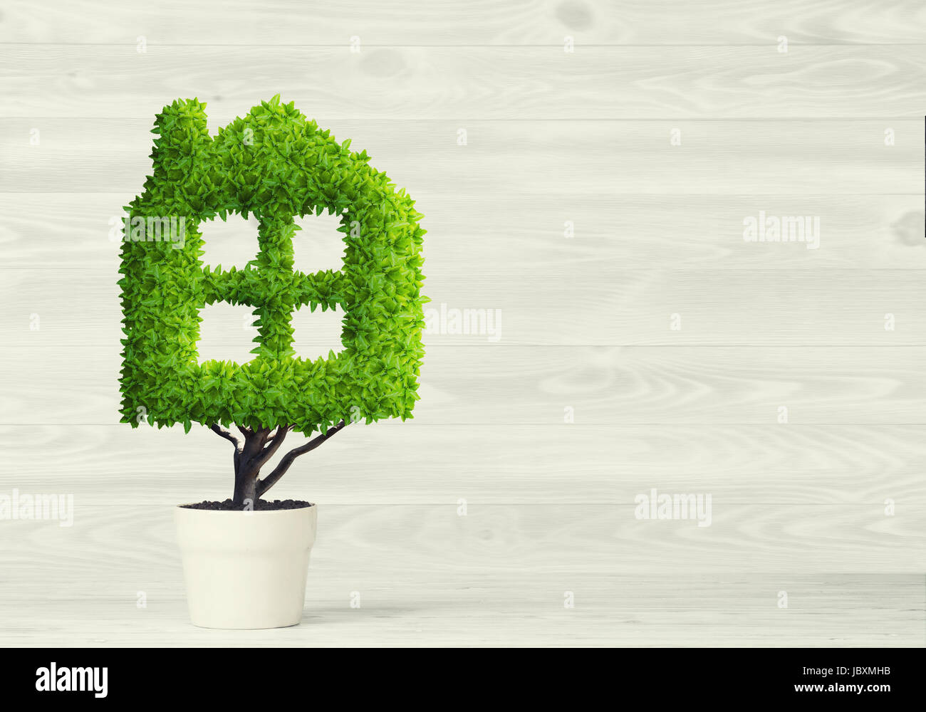 Green plant in pot shaped like house Stock Photo - Alamy
