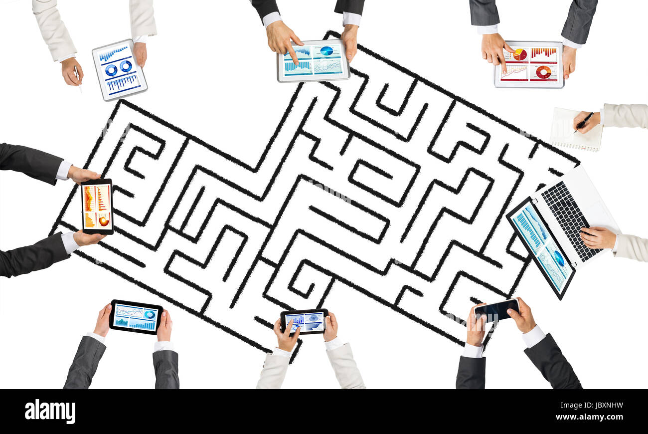 Group of people with devices in hands working together to find right ...