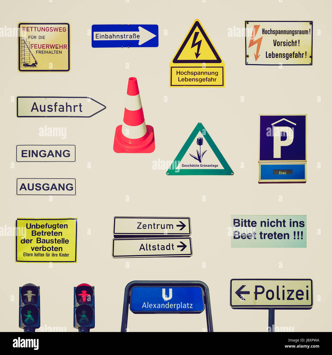 Vintage retro looking Collection of German signs isolated over white ...
