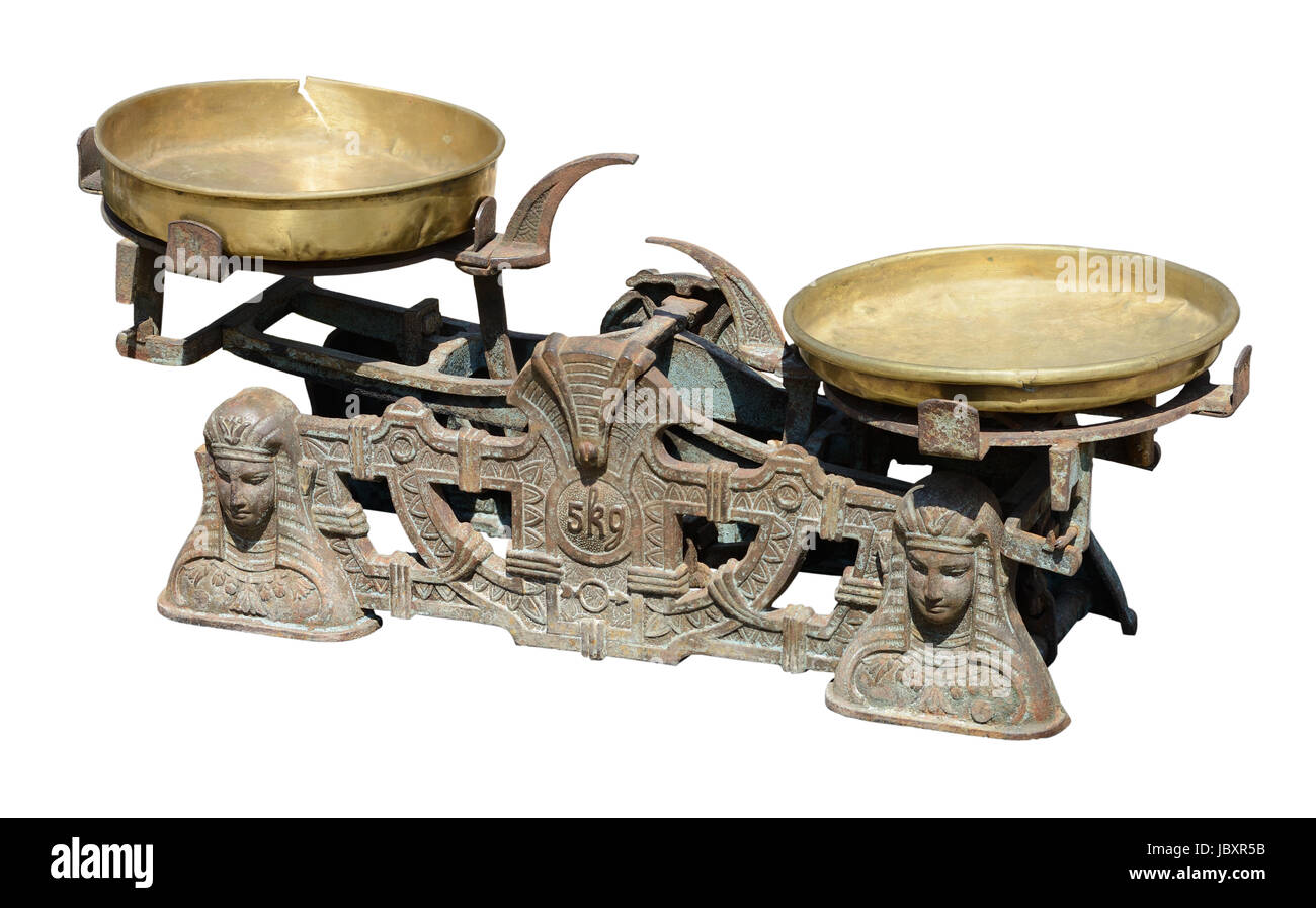 Old metal two pan balance isolated on white Stock Photo - Alamy