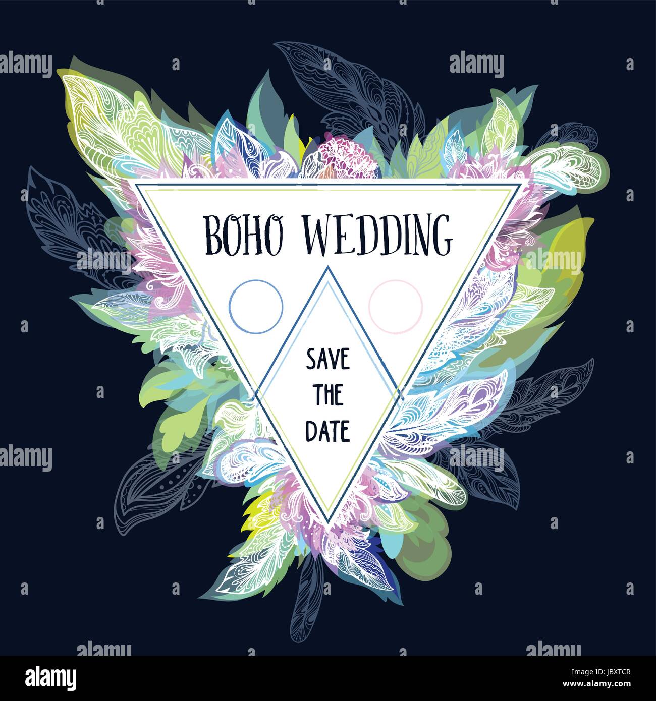 Creative triangle shape frame with feathers and flowers on blue ...