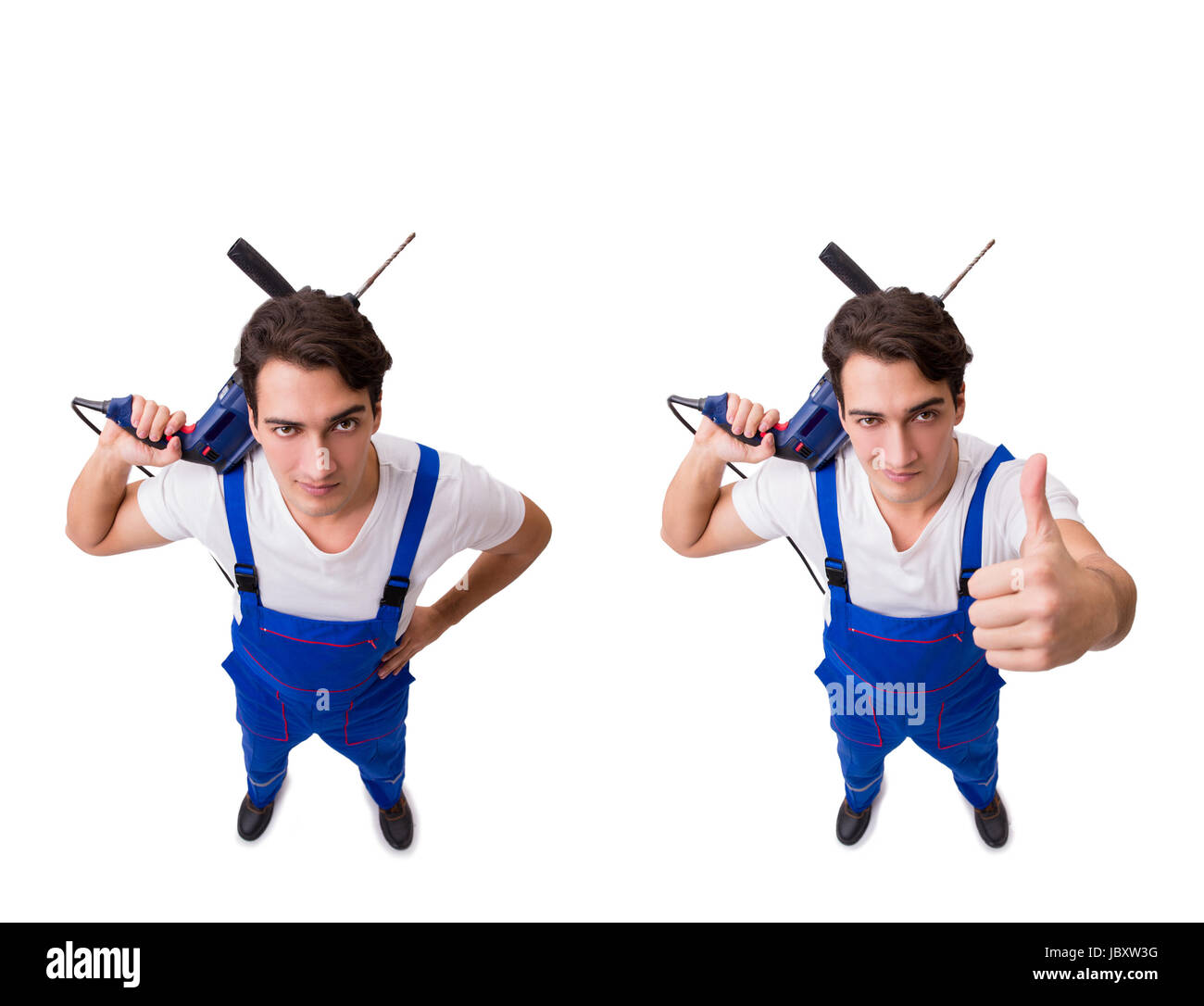 Funny repairman with drill isolated on white Stock Photo - Alamy