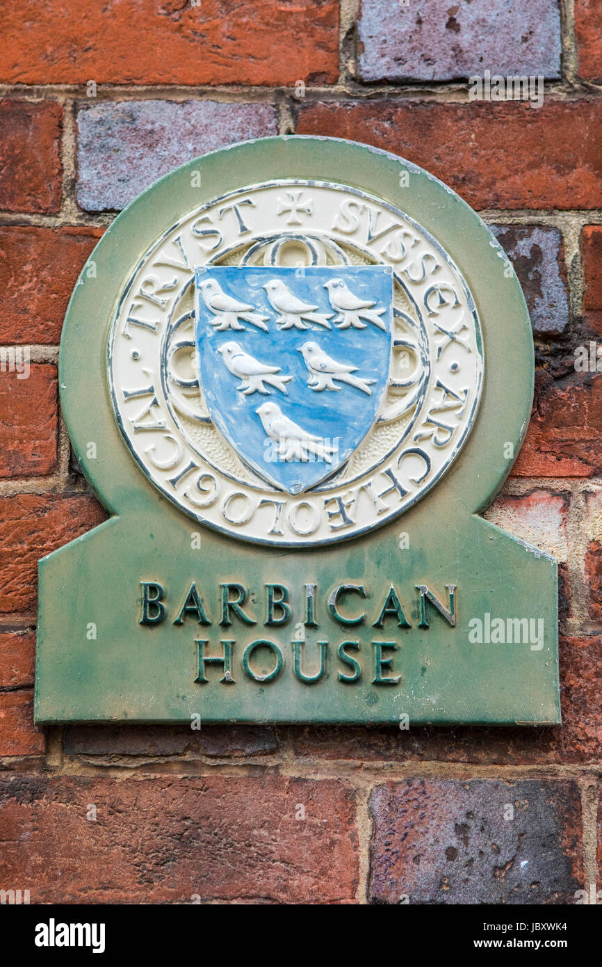 The sign for Barbican House in the town of Lewes in Sussex, UK. The ...