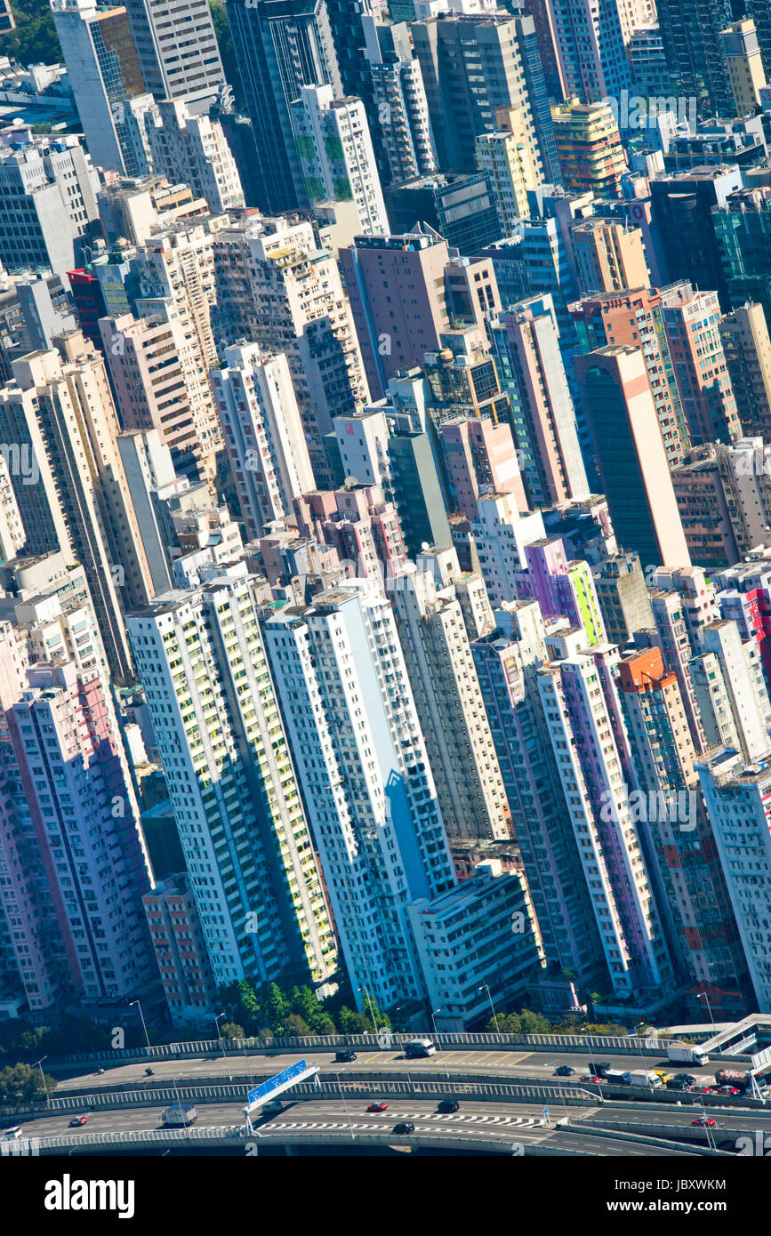 Vertical view of the many tower block apartments in Hong Kong, China ...