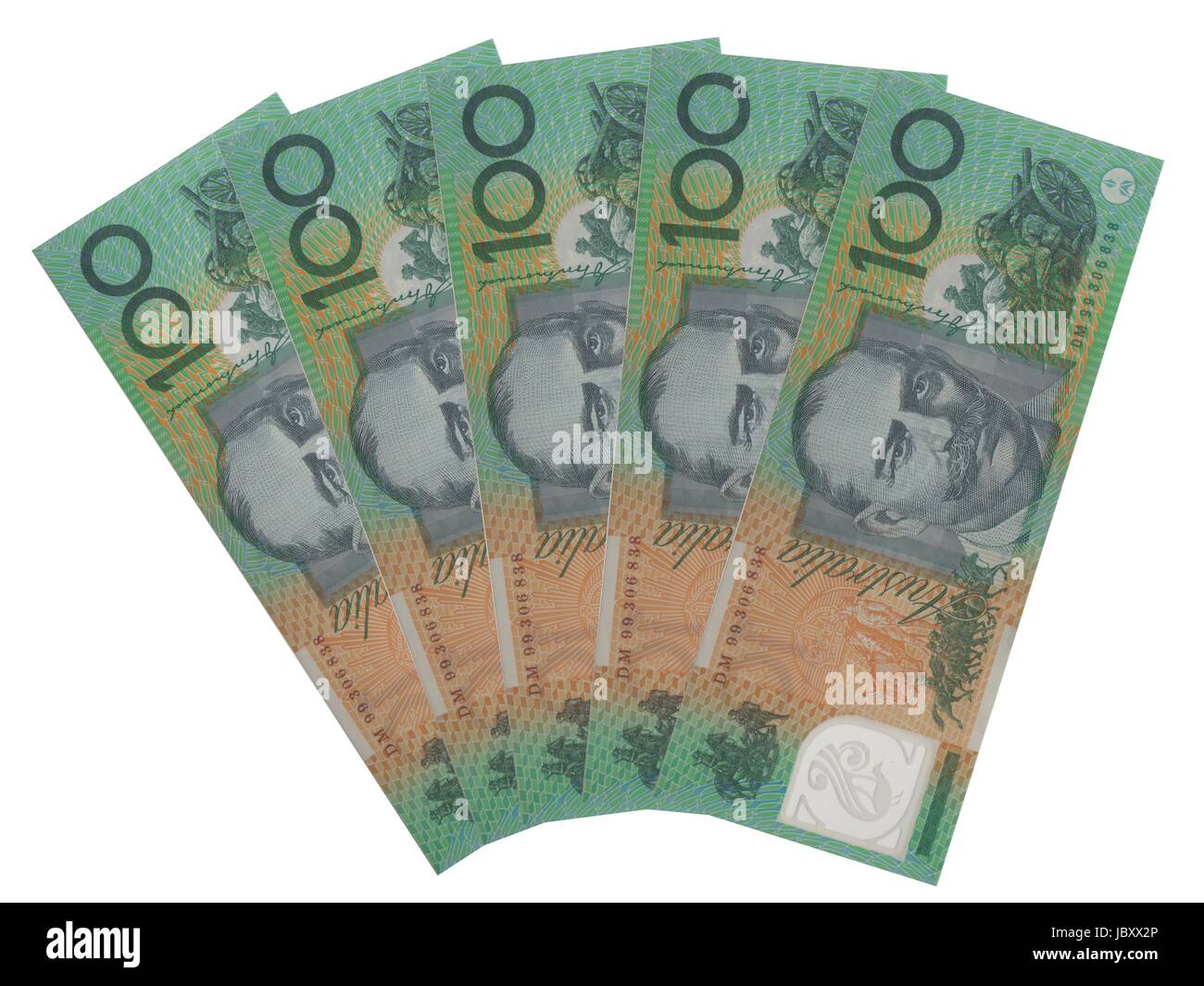 Group of five 100 Australian dollar notes over white background Stock ...
