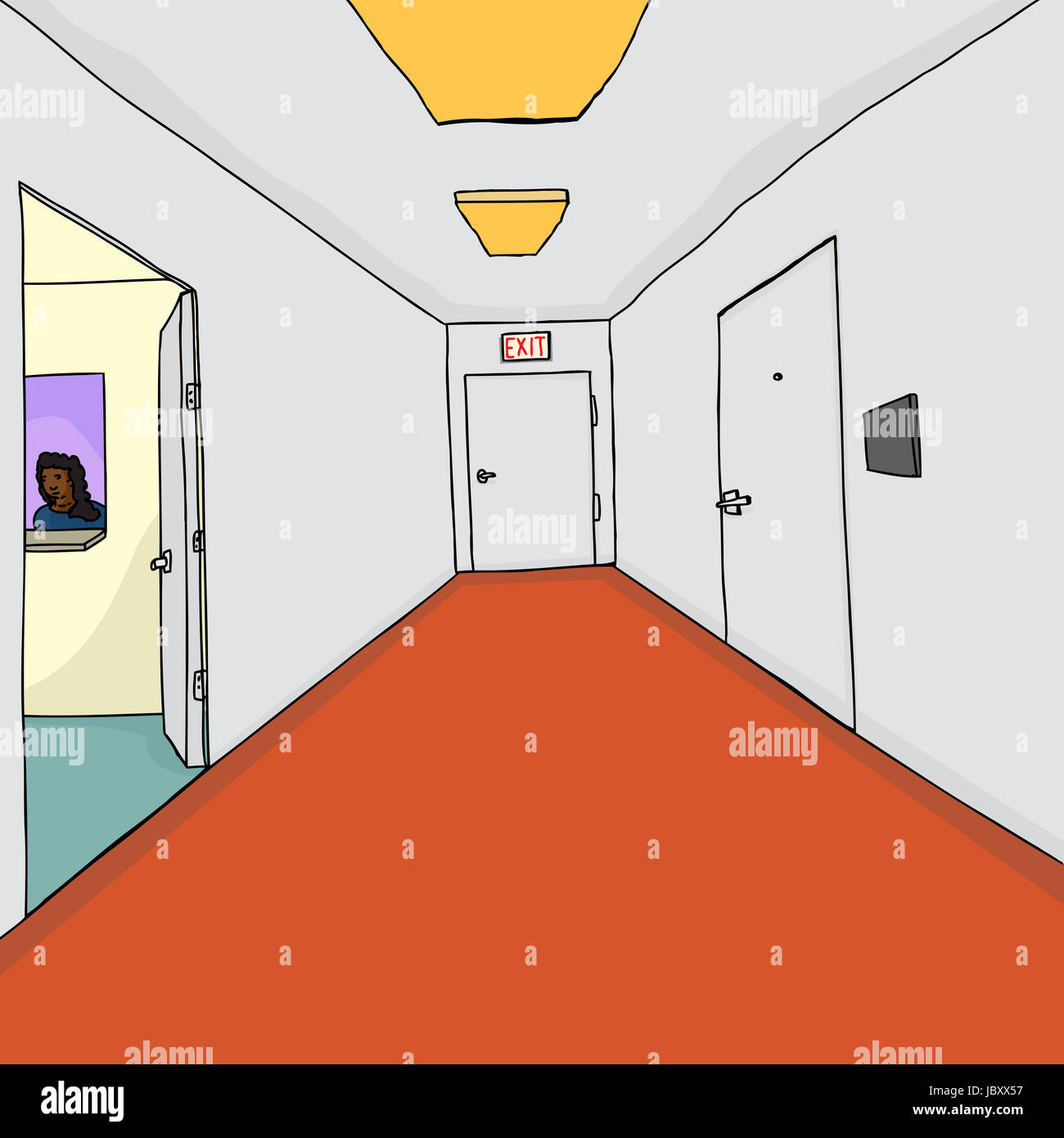 Administrative assistant in teller window through hallway door Stock ...