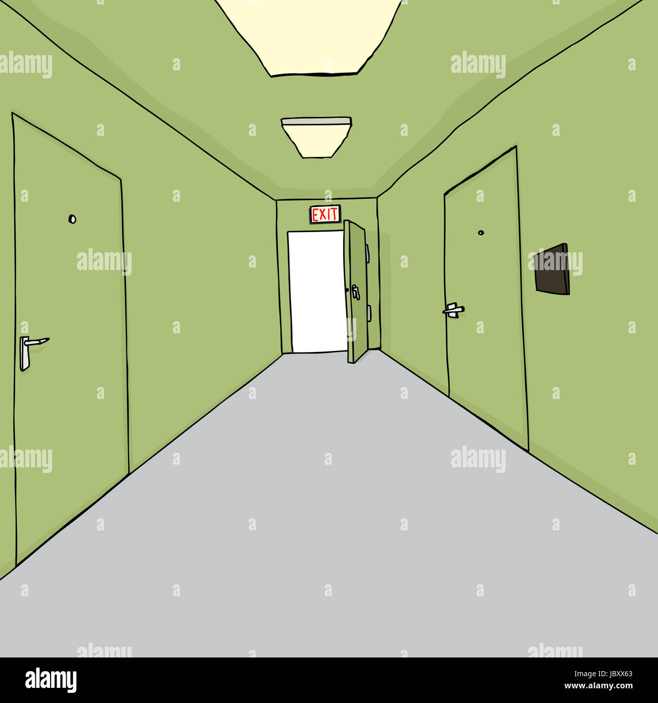 Cartoon of bright exit doorway in hallway Stock Photo - Alamy