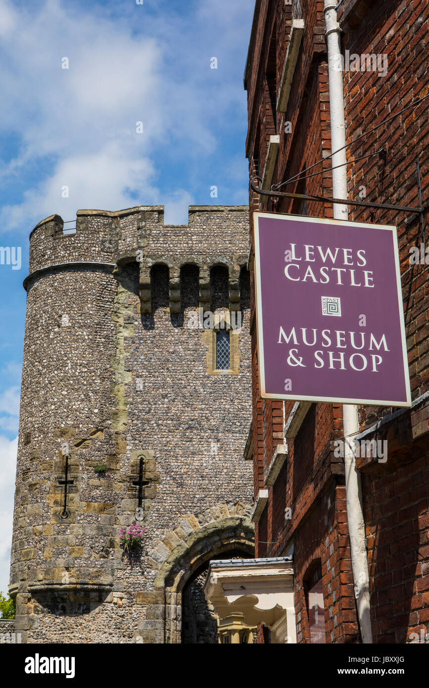 A sign at the Lewes Castle Museum and Shop in the historic town of ...