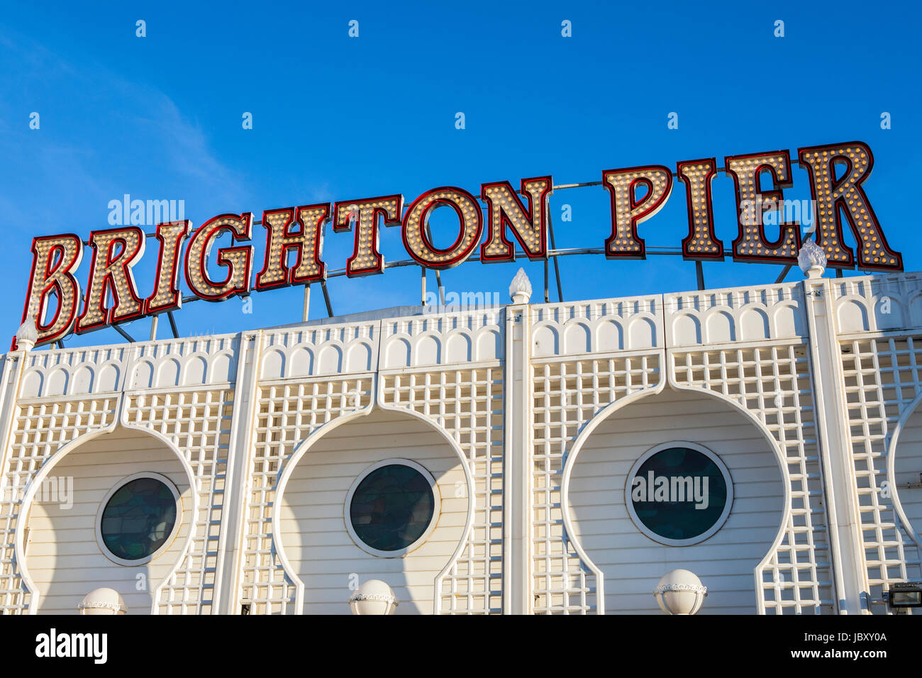 BRIGHTON, UK - MAY 31ST 2017: The lit-up neon sign on the historic ...