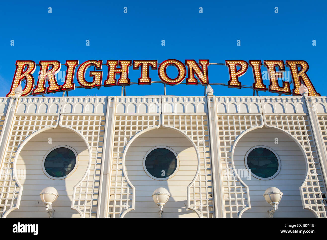 BRIGHTON, UK - MAY 31ST 2017: The lit-up neon sign on the historic ...