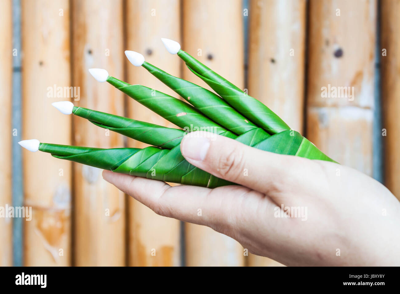 Hand hold a part of banana leaf rice offering Stock Photo - Alamy