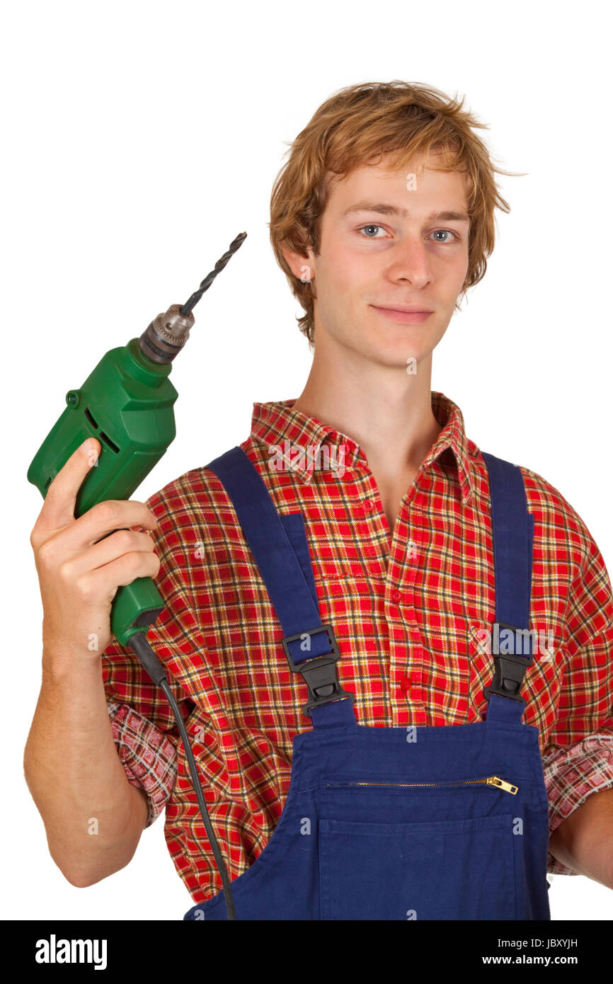 Young men with drilling machine isolated on white background Stock ...