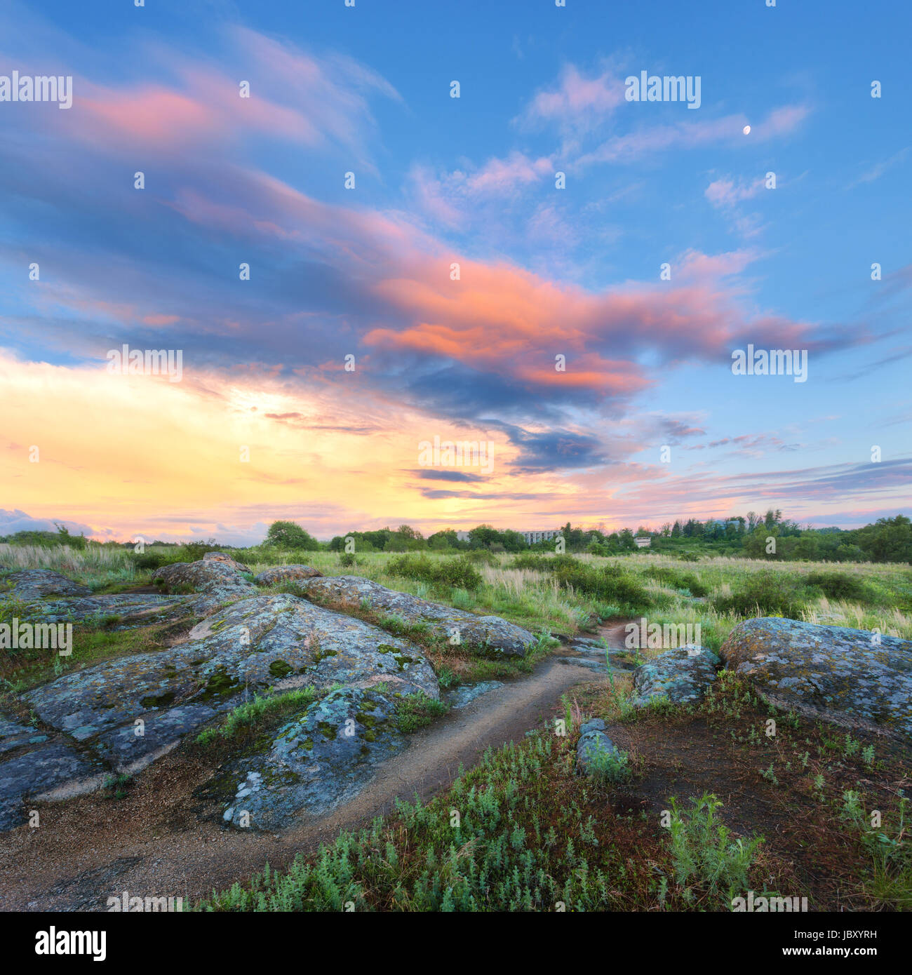 Colorful summer landscape with big stones, green grass, walkway and ...