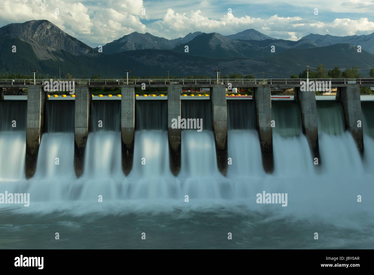 Wide time exposure of the spillway on the Kananaskis hydroelectric dam ...