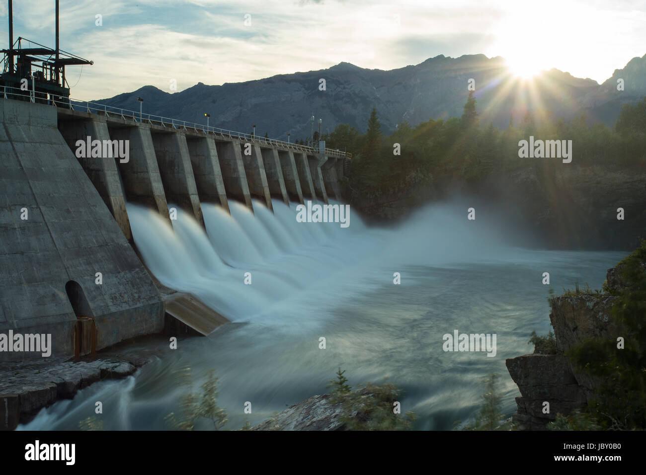 Wide shot time exposure of the spillway on the Kananaskis hydroelectric ...