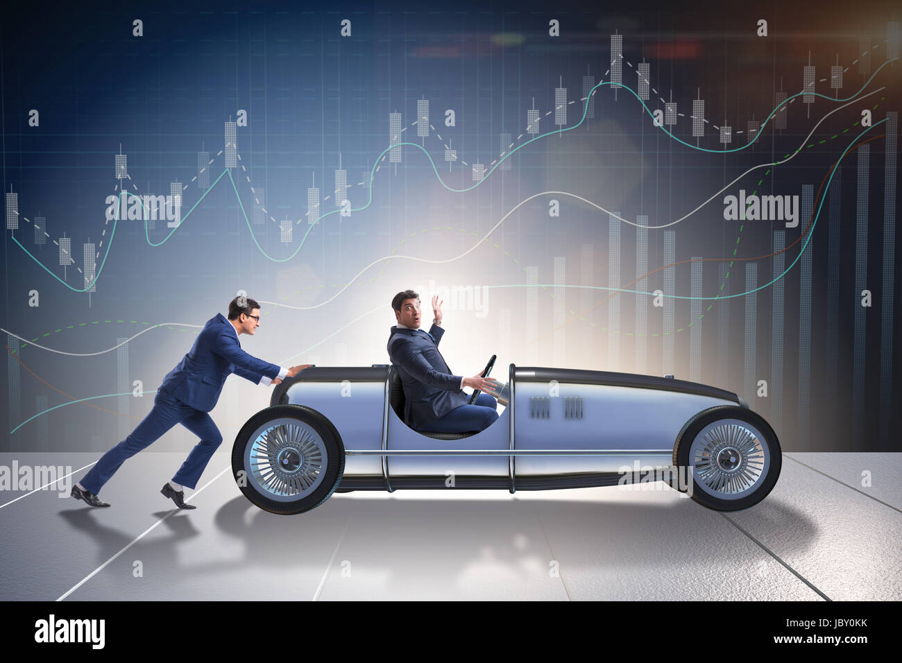 Businessman car pushing in teamwork concept Stock Photo - Alamy