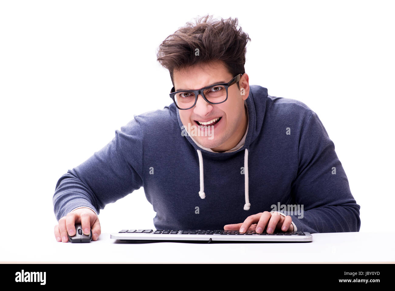 Funny nerd man working on computer isolated on white Stock Photo - Alamy
