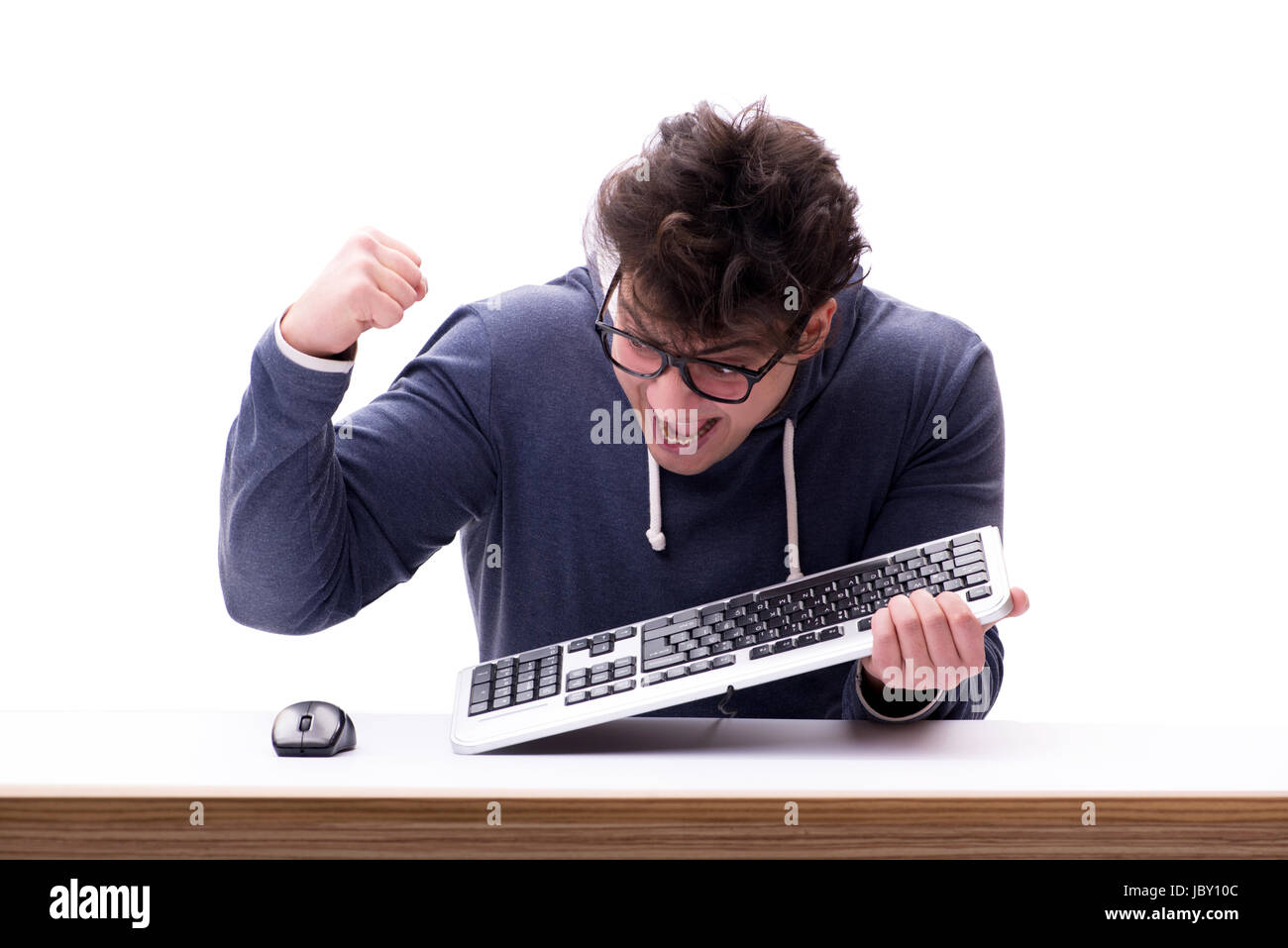 Funny nerd man working on computer isolated on white Stock Photo - Alamy