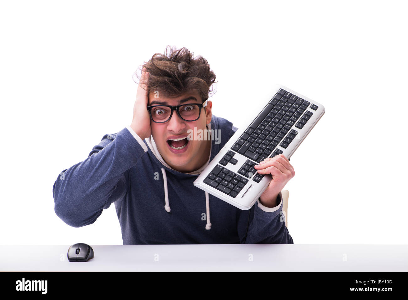 Funny nerd man working on computer isolated on white Stock Photo - Alamy