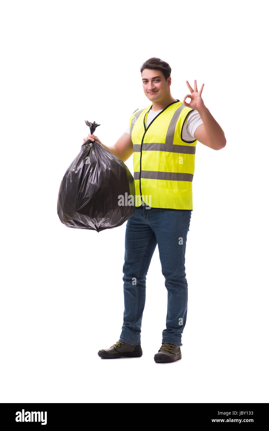 Man with garbage sack isolated on white Stock Photo - Alamy