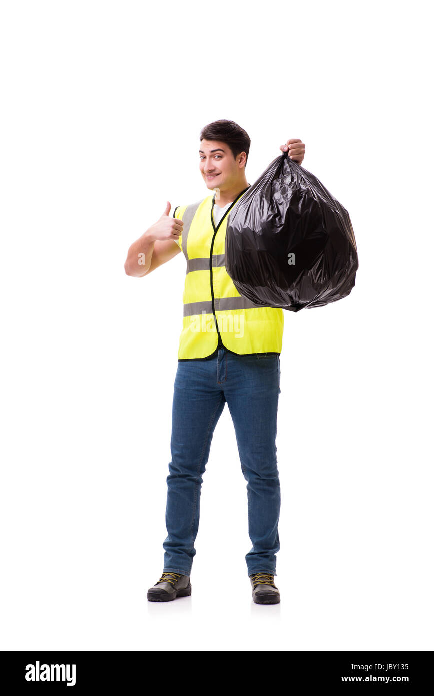 Man with garbage sack isolated on white Stock Photo - Alamy