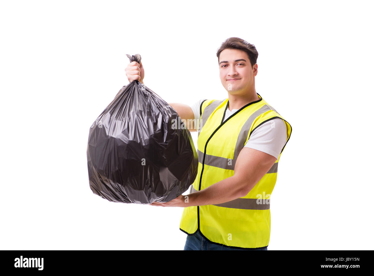 Man with garbage sack isolated on white Stock Photo - Alamy