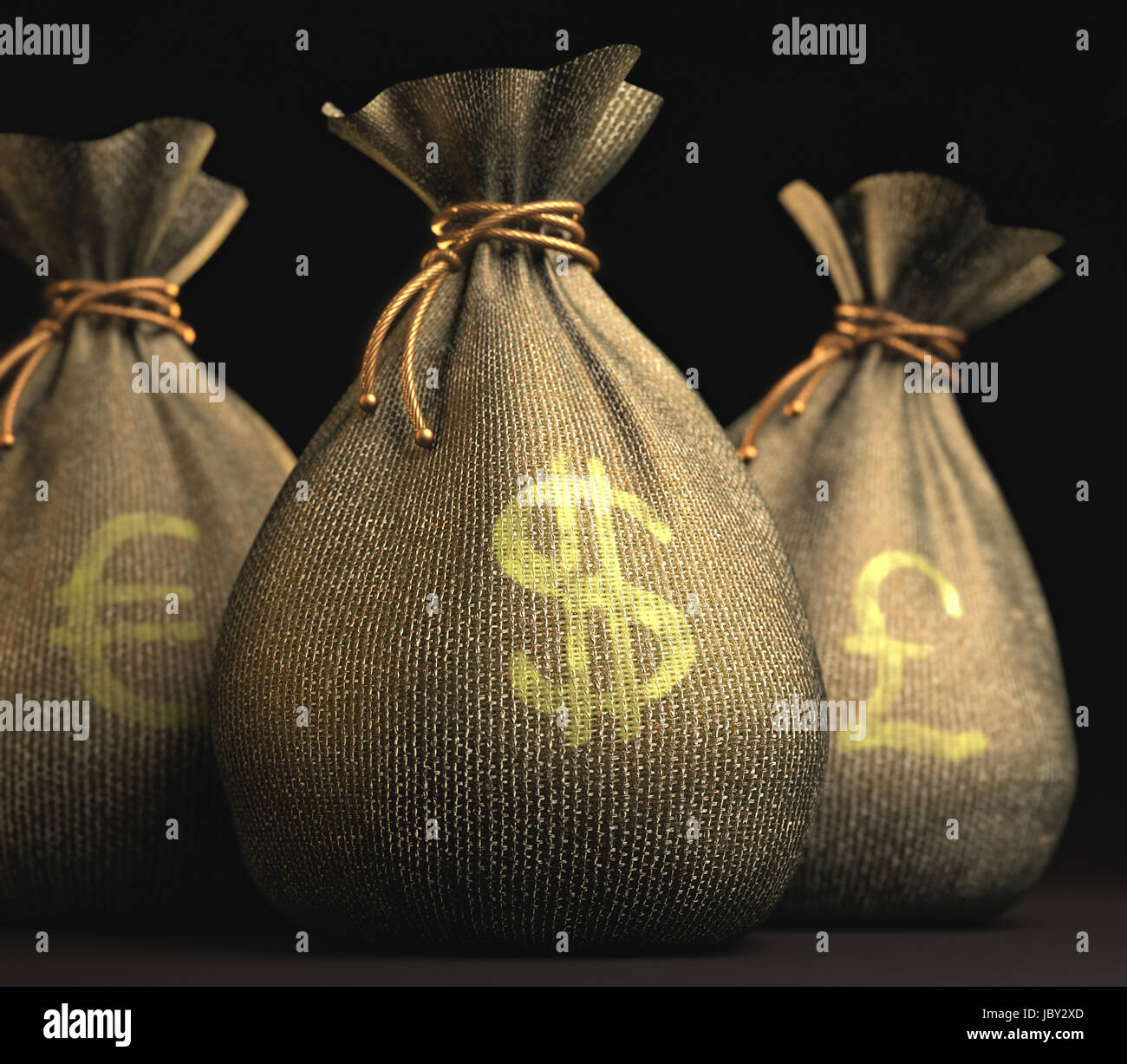 Three bag of money with sign of Euro, Dollar and Pound Stock Photo - Alamy