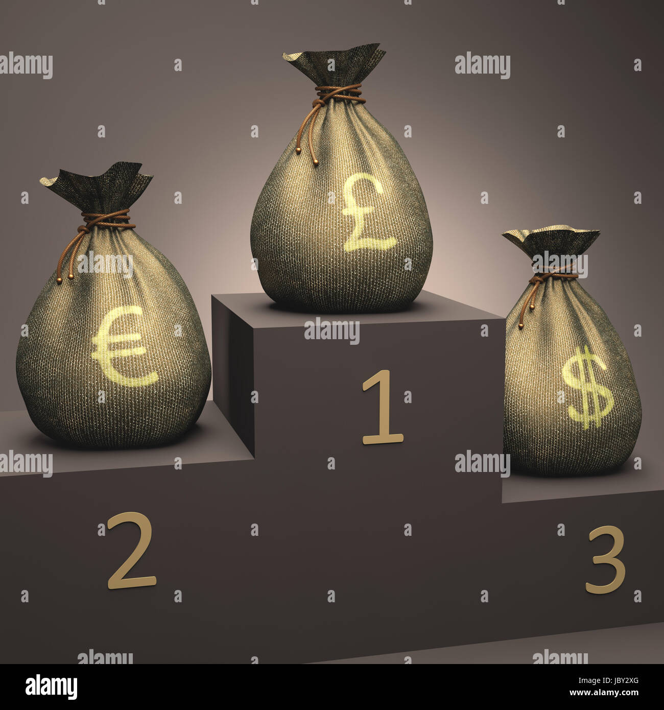 Sacks of money of different currencies on the podium appreciation Stock ...