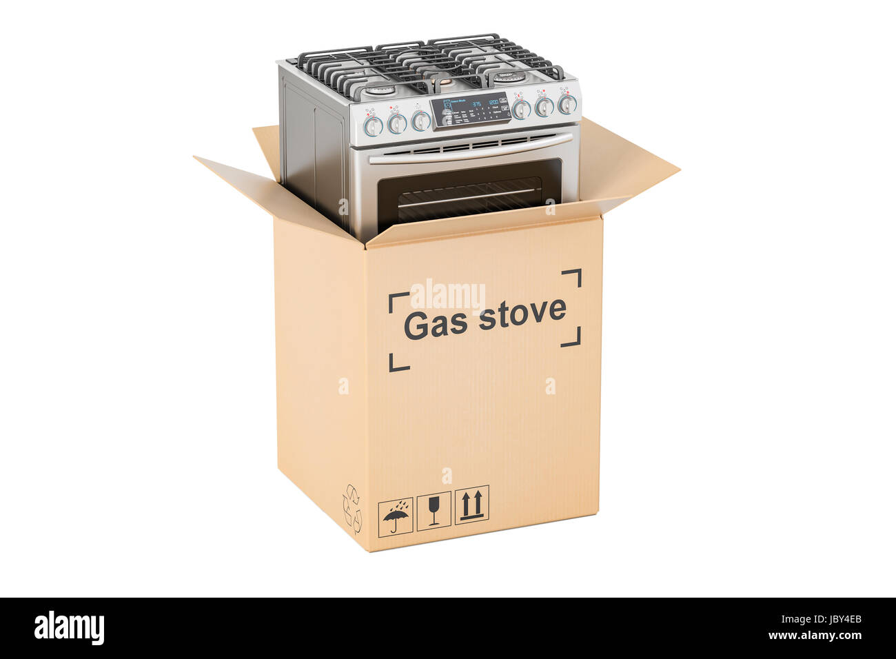 Gas stove with cardboard box, delivery concept. 3D rendering isolated ...