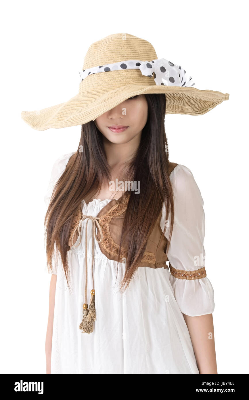 Elegant Asian woman with hat, closeup portrait on white background ...
