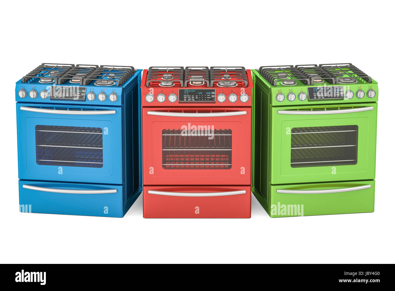 Set of colored gas cookers, 3D rendering isolated on white background ...