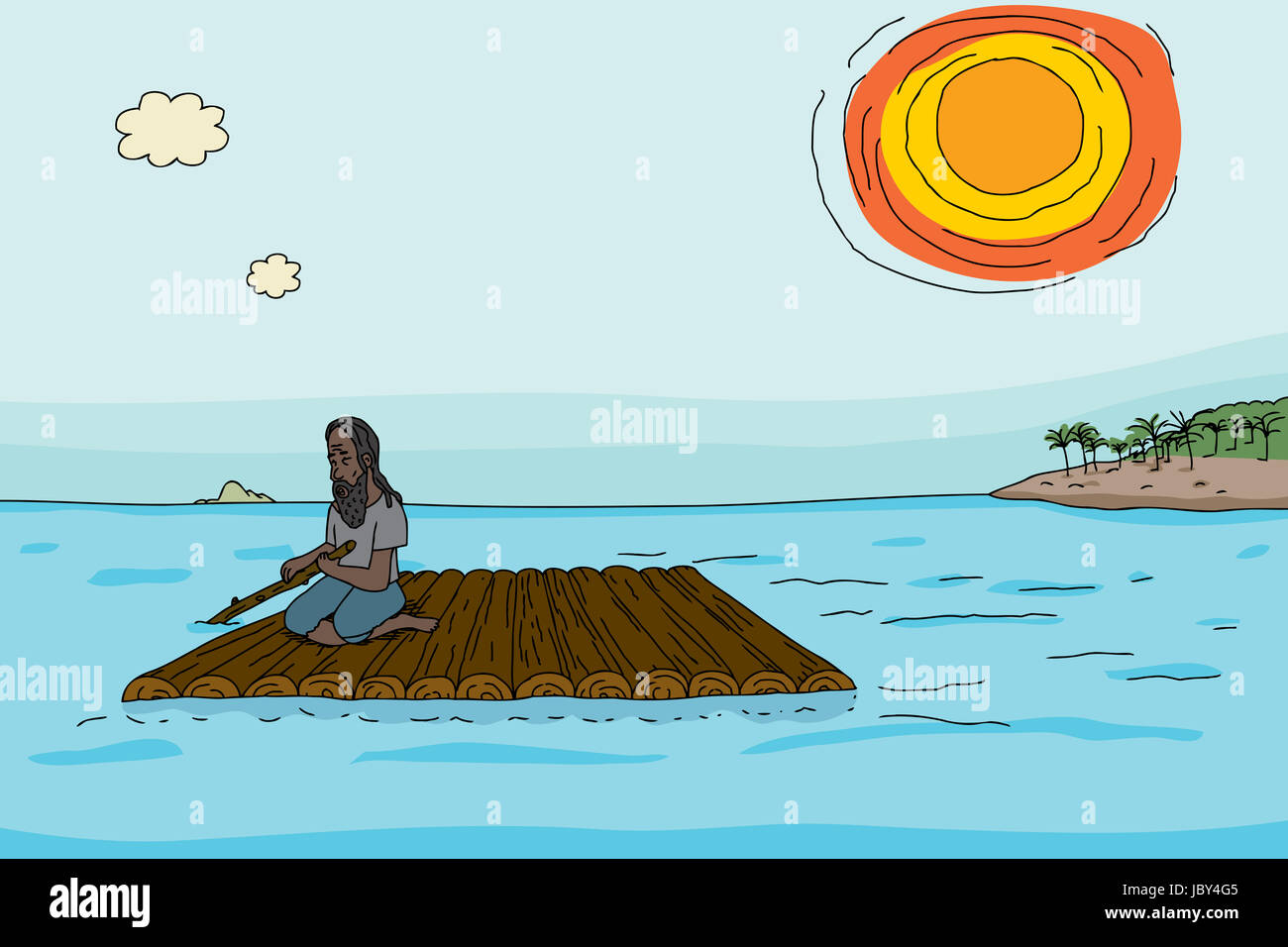 Shipwrecked man in beard steering makeshift wooden raft Stock Photo - Alamy