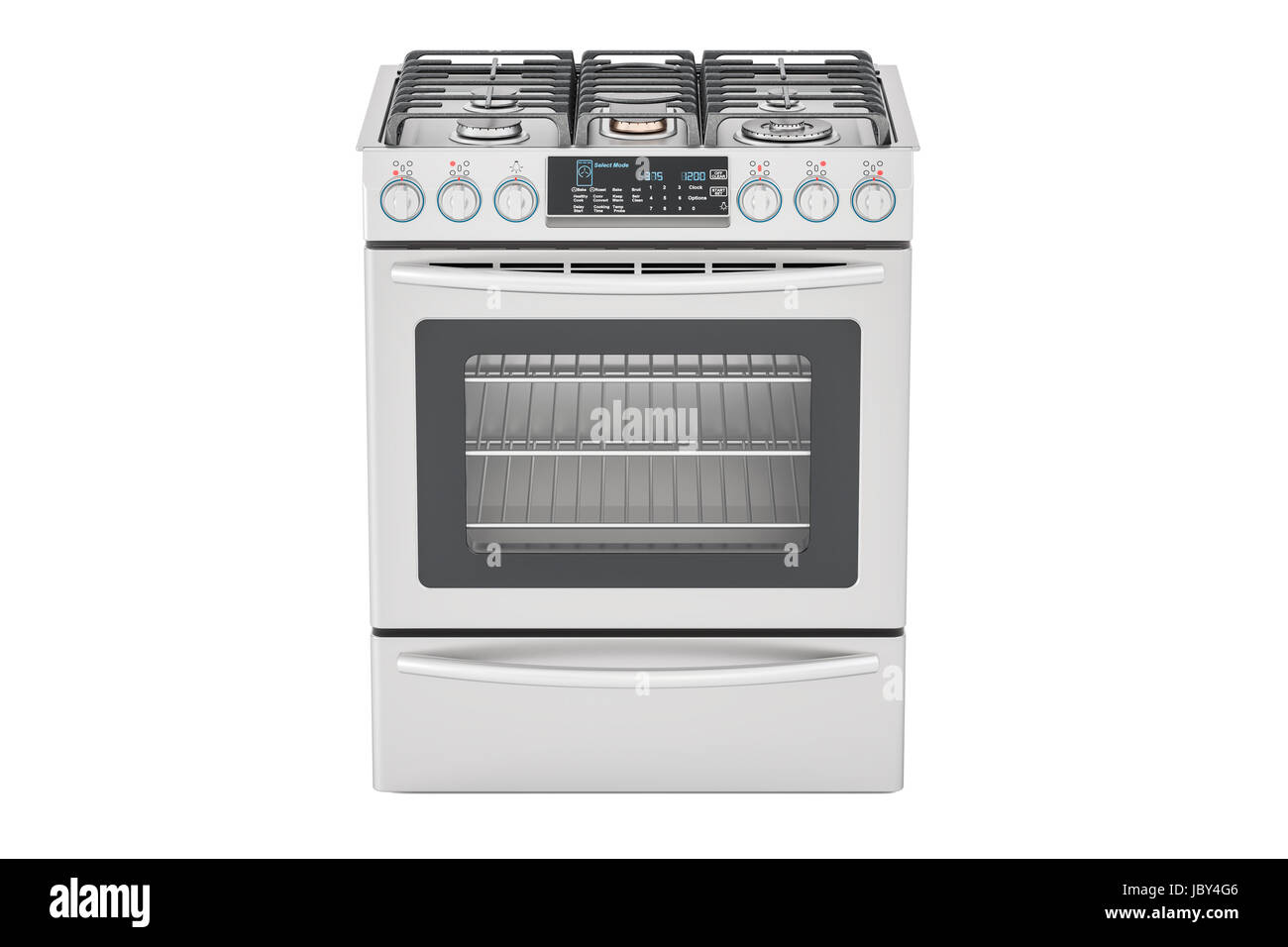 Steel gas cooker with oven front view, 3D rendering isolated on white ...