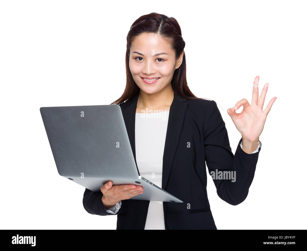 Business woman with laptop computer and hand with ok sign Stock Photo ...
