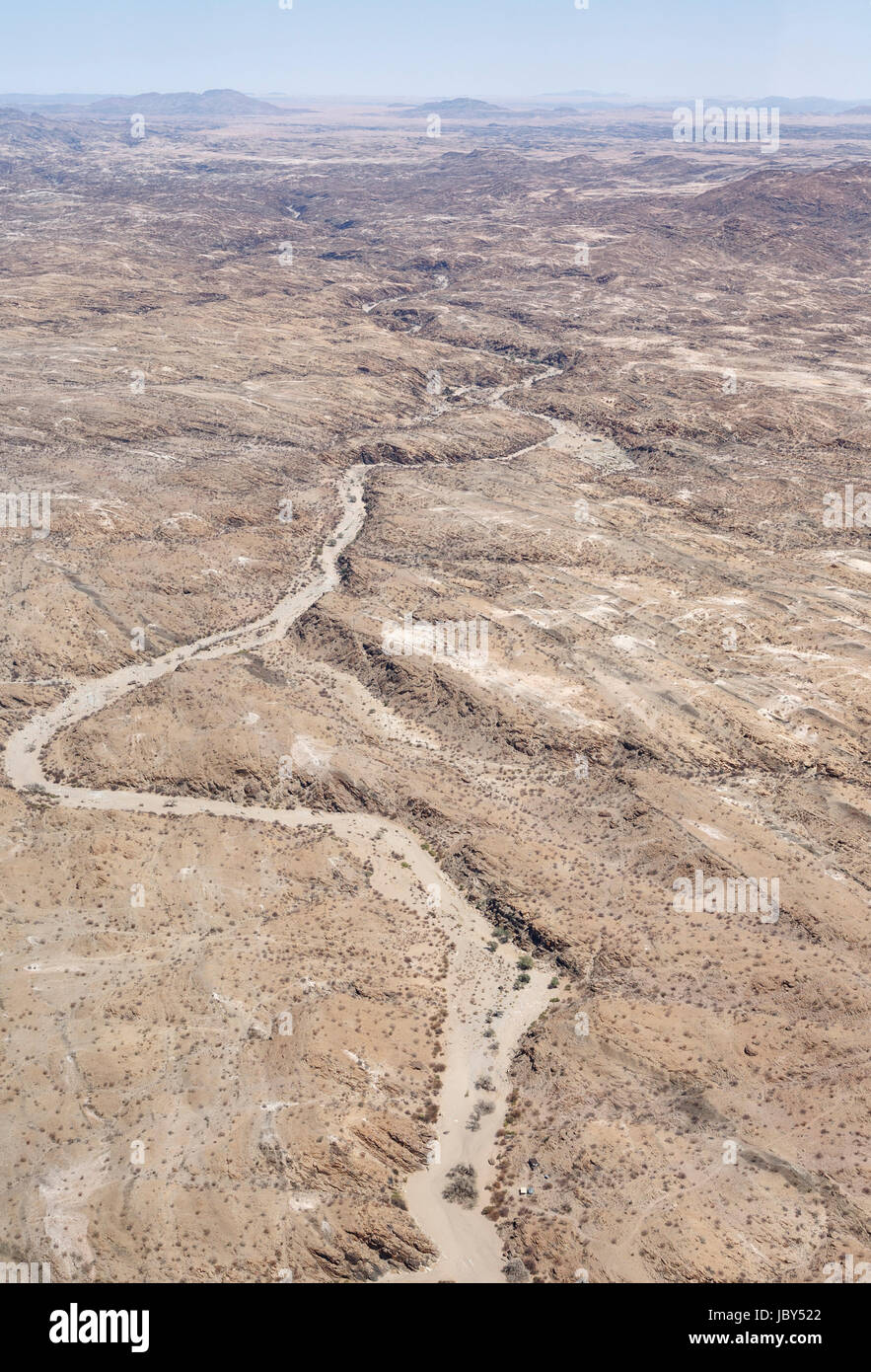 Aerial panoramic view of dried up, dessicated river bed & topographical ...