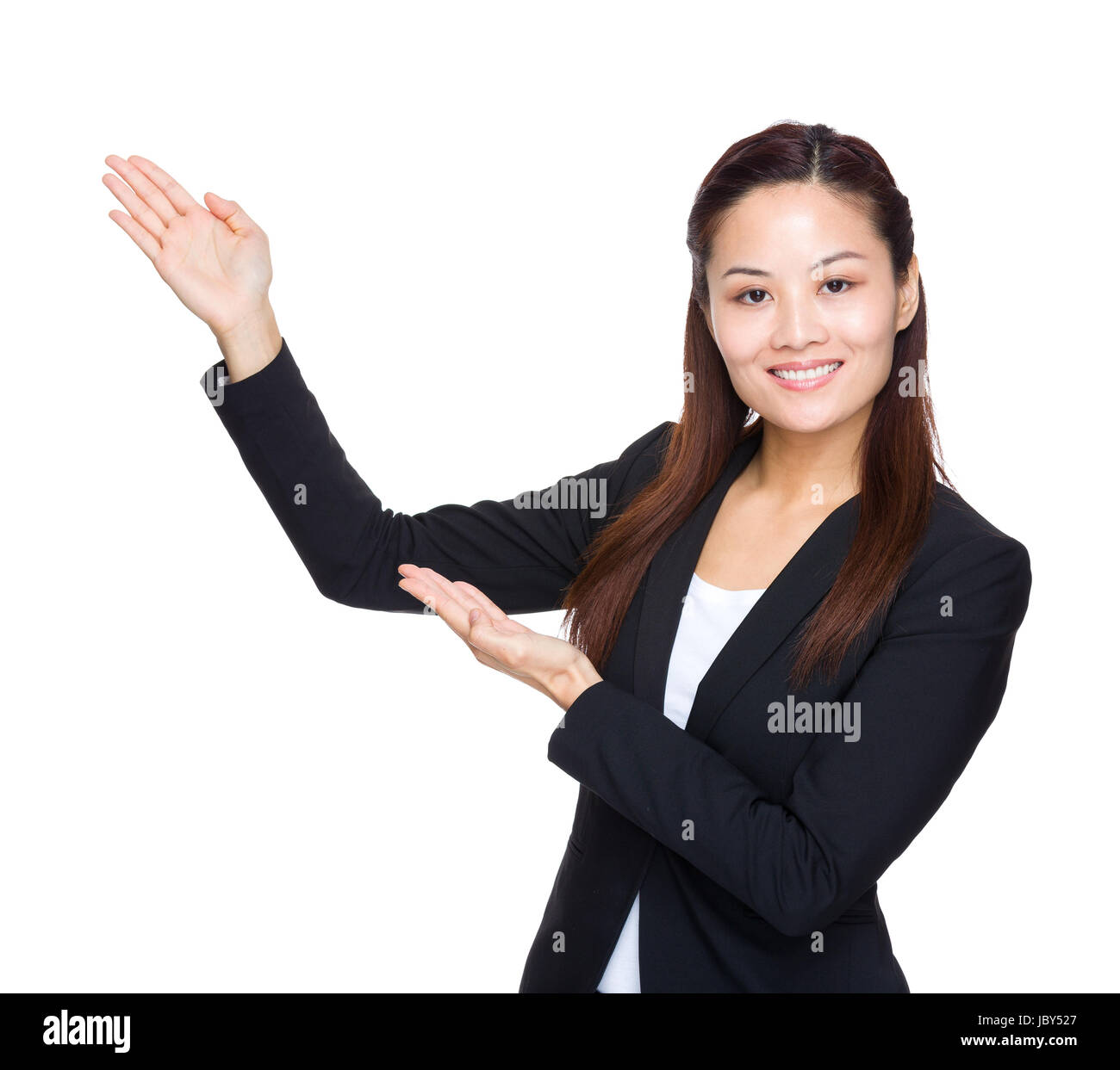 Business woman with hand show something Stock Photo - Alamy