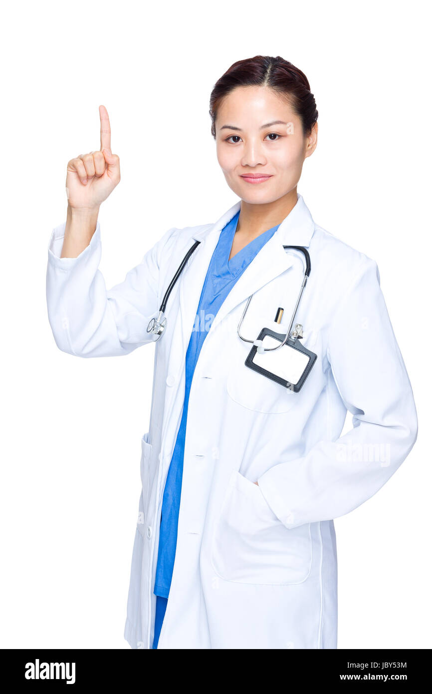 Woman doctor with finger up Stock Photo - Alamy